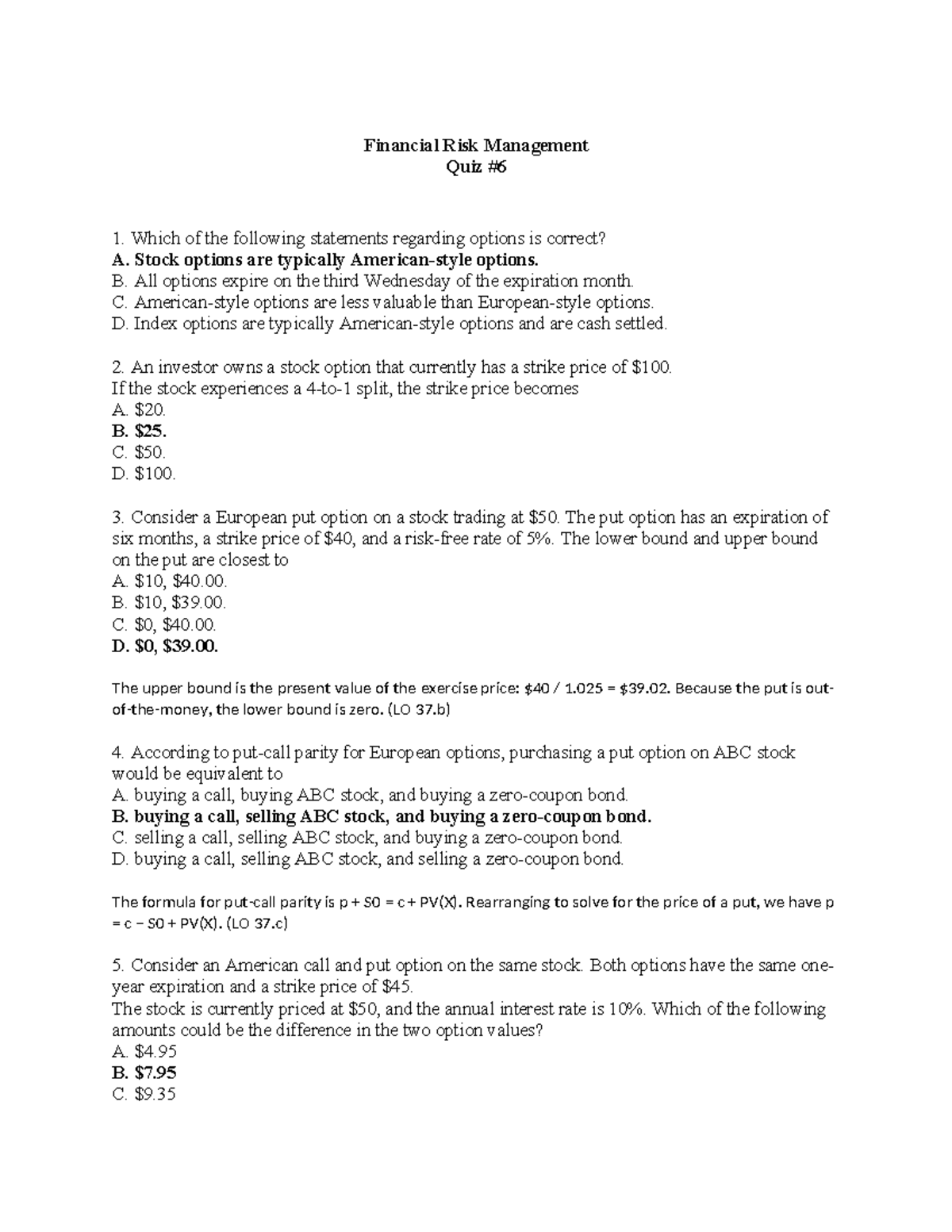 Quiz 6 - key - Đáp án quiz 6 trên lớp - Financial Risk Management Quiz ...
