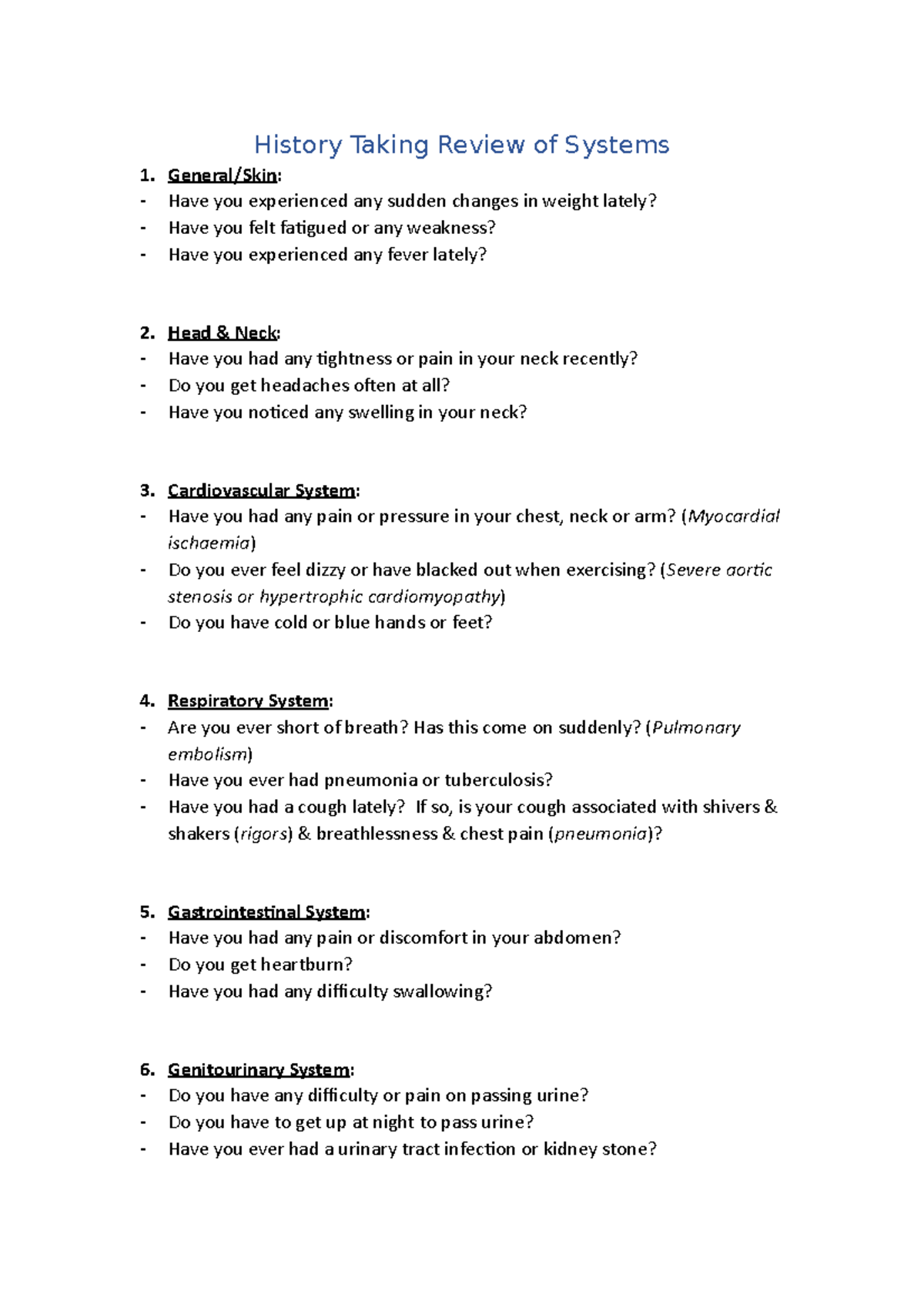 CHI293 Review of Systems Questions - History Taking Review of Systems ...