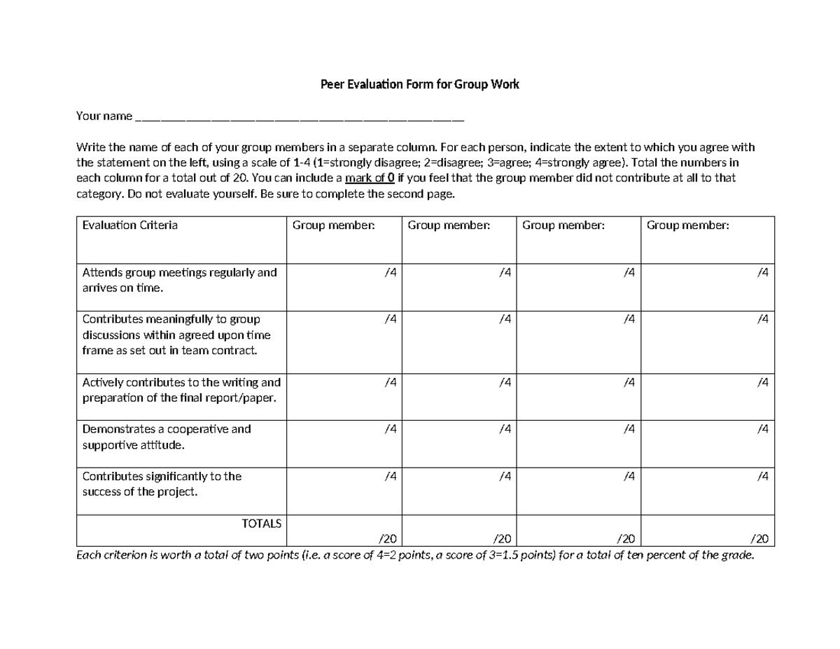 Peer Evaluation Form - Worksheet - Peer Evaluation Form for Group Work ...