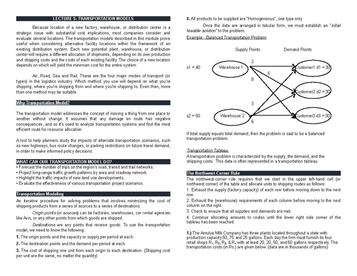 Lecture-7- Transportation- Model - LECTURE 5: TRANSPORTATION MODELS ...
