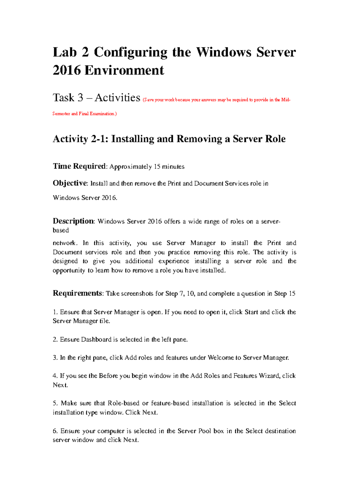 Lab 2 - Activity - lab2 - Lab 2 Configuring the Windows Server 2016 Environment Task 3 ...