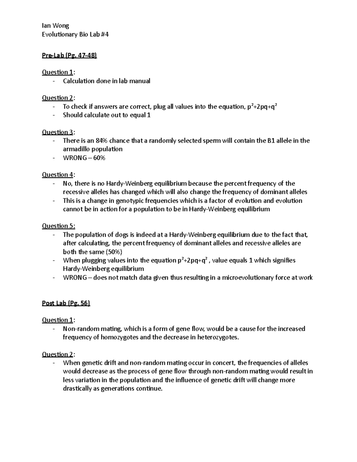 Lab 4 Lab Work Ian Wong Evolutionary Bio Lab Pre Lab Pg 47 48 Question 1 Calculation 