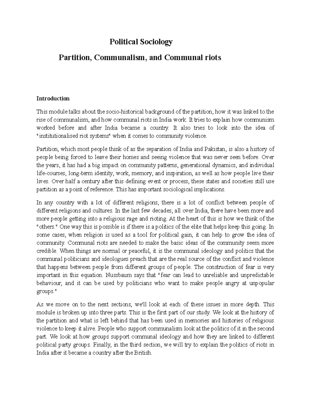 Partition, Communalism, and Communal riots - Political Sociology ...