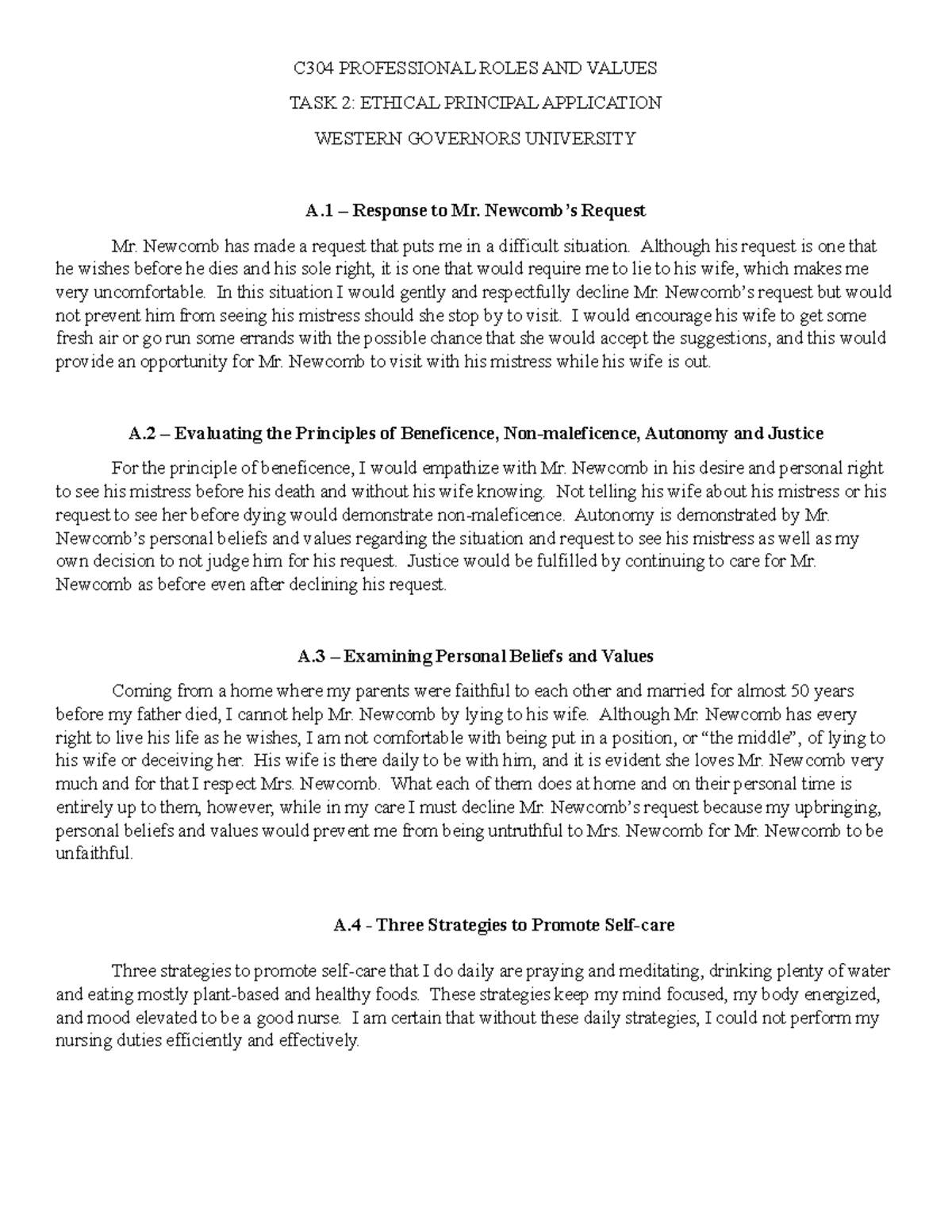 C304 Task 2 - Prof Roles & Values Task 2 - C304 PROFESSIONAL ROLES AND ...