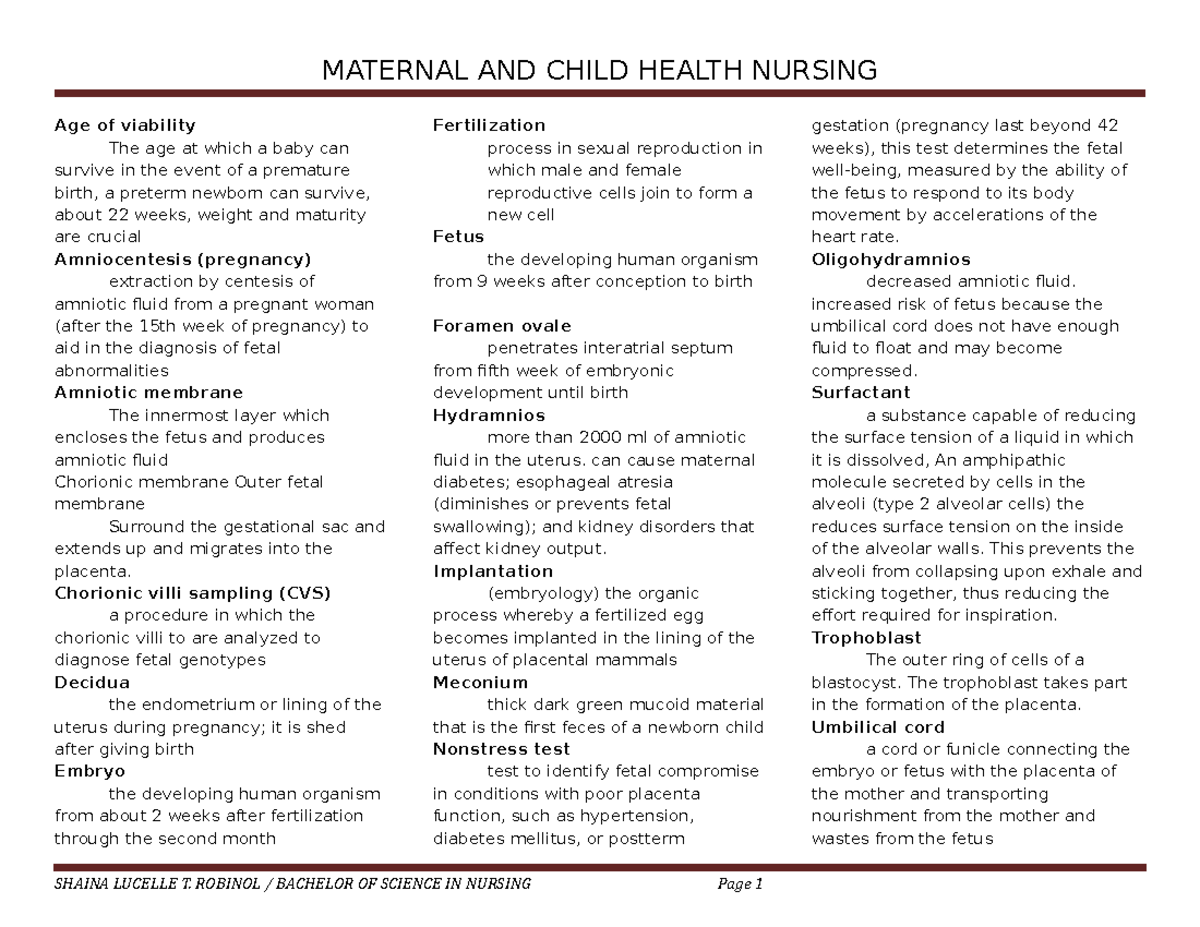 Maternal AND Child Health Nursing - Age of viability The age at which a ...