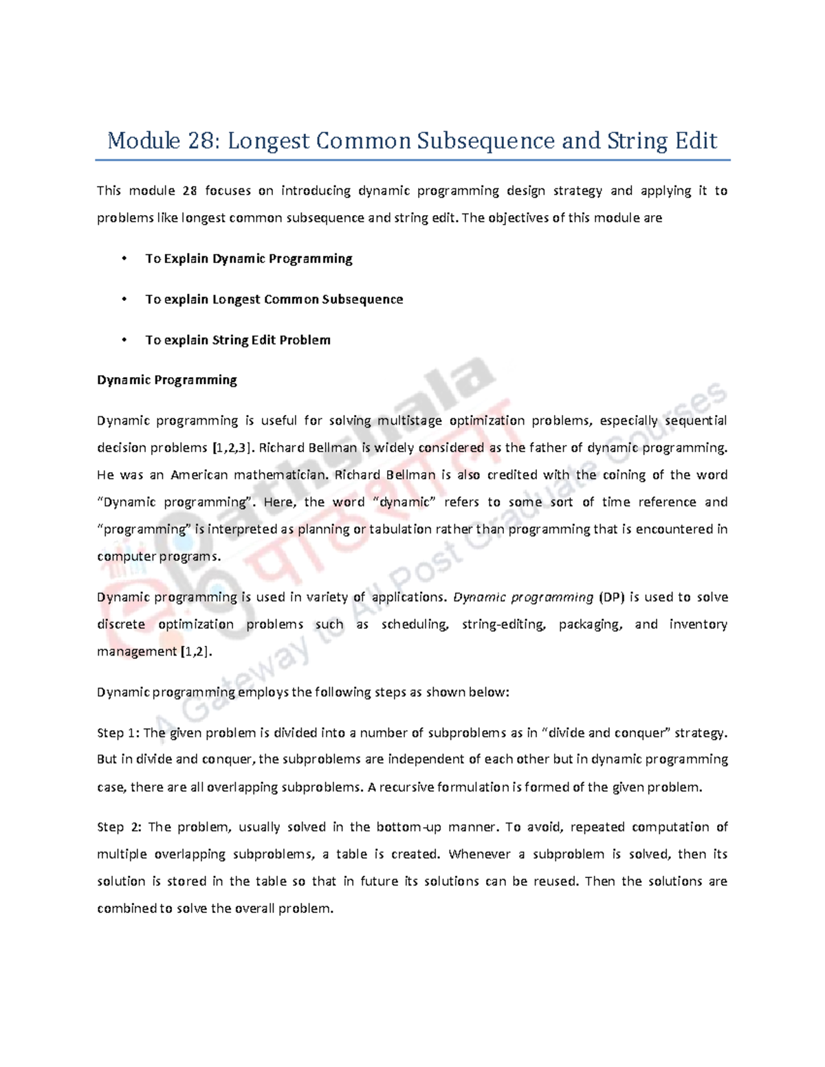 Longest Common Subsequence And String Edit The Objectives Of This Module Are To Explain