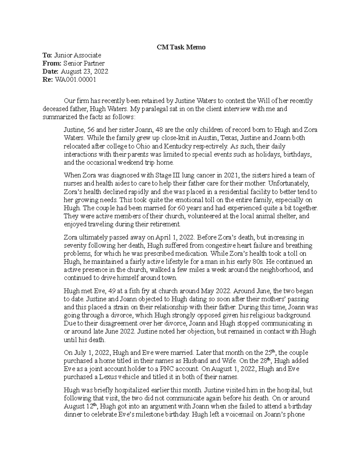 CM Task Memo Fall 2022 Updated - CM Task Memo To: Junior Associate From ...