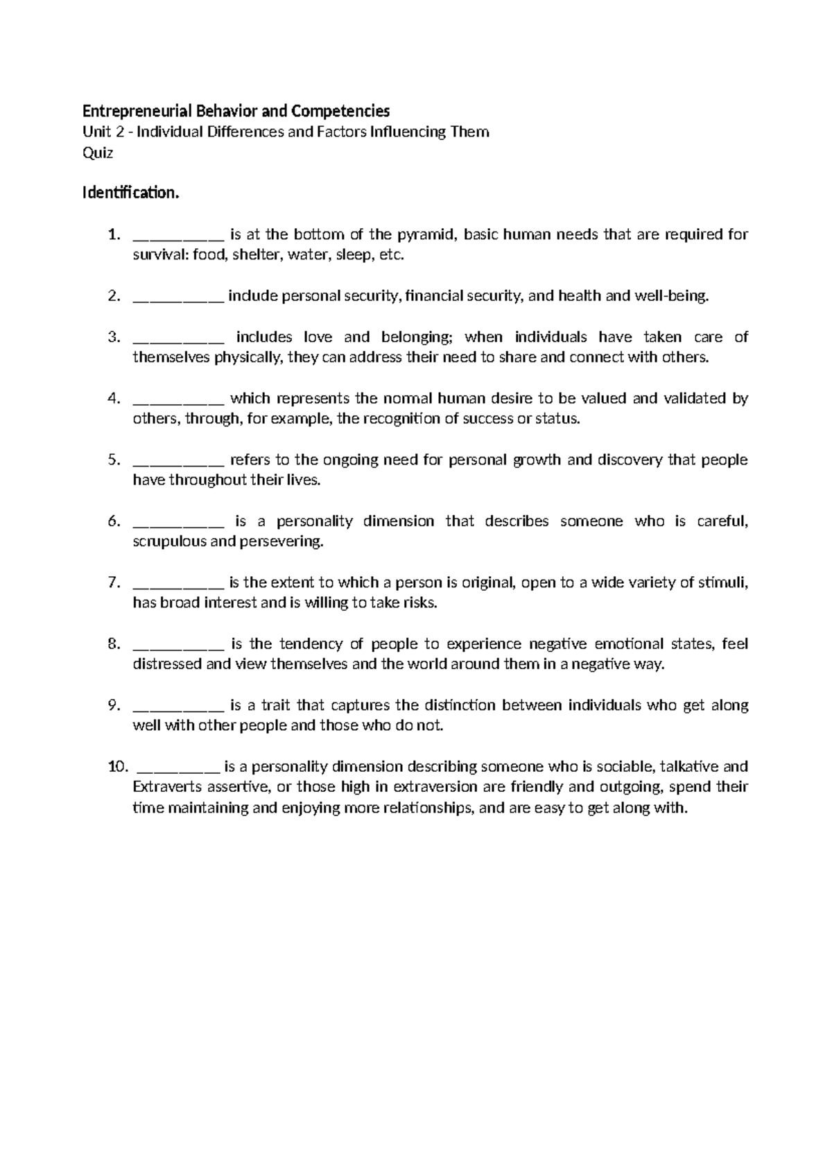 EBC - Unit 2 Quiz - It's about Entrepreneurial Behavior and ...