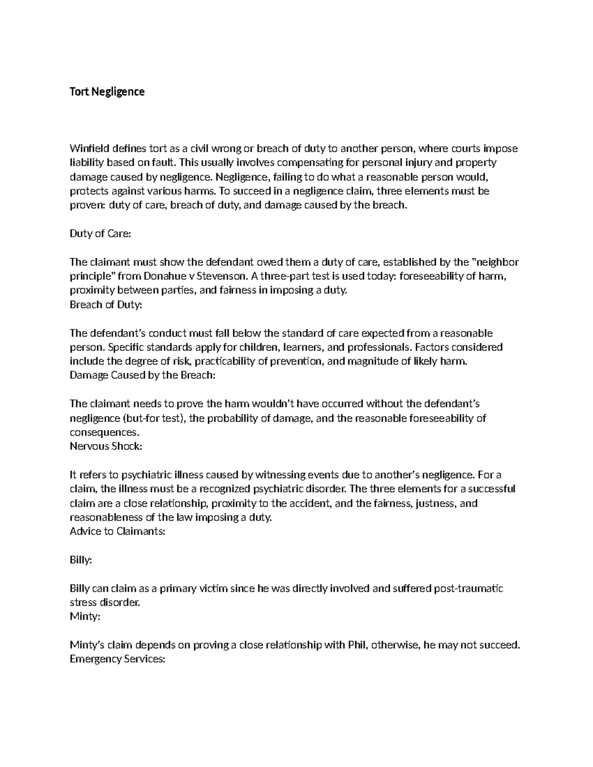 Tort Negligence analysis to Case - Tort Negligence Winfield defines ...
