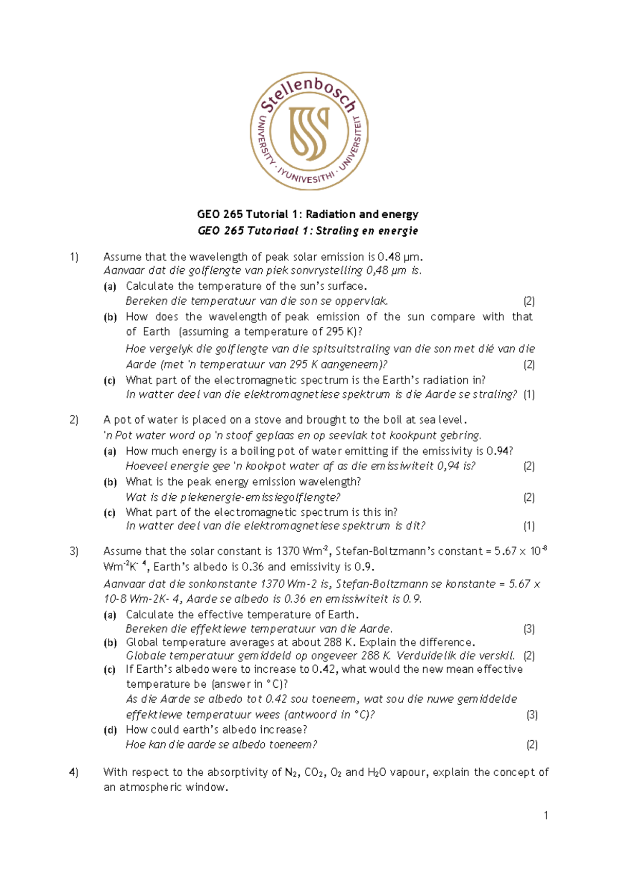 GEO 265 Tut 1 2024 - Tut 1 geo 265 - 1 GEO 265 Tutorial 1: Radiation ...