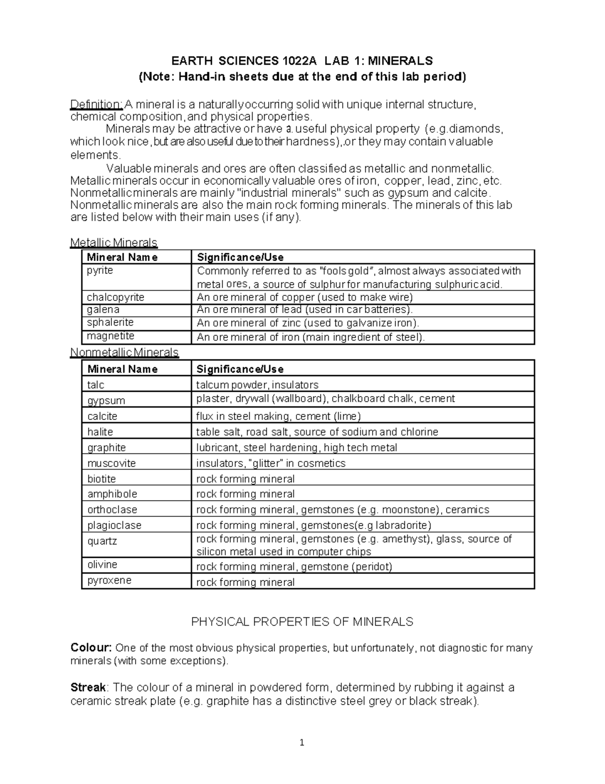 Earthsci - Lecture notes 1 - EARTH SCIENCES 1022A LAB 1: MINERALS (Note ...