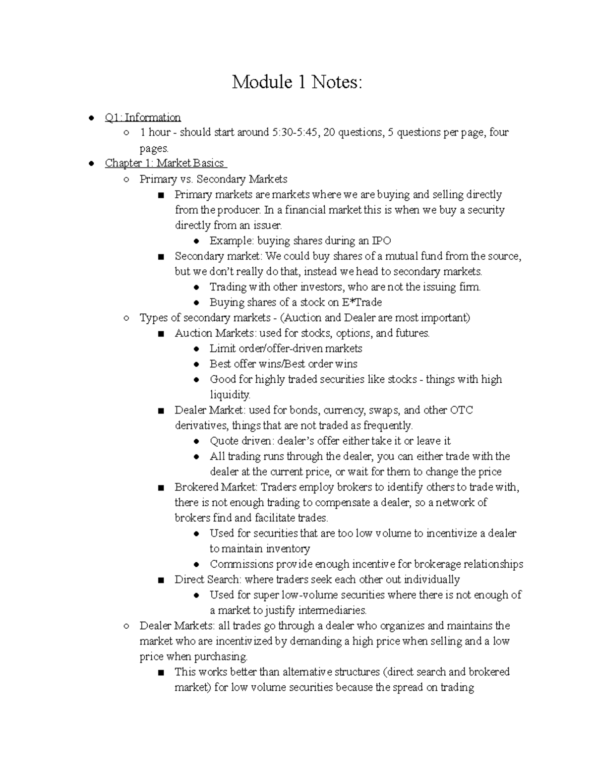 FINA4310 Module 1 Full Notes - Module 1 Notes: Q1: Information 1 hour ...