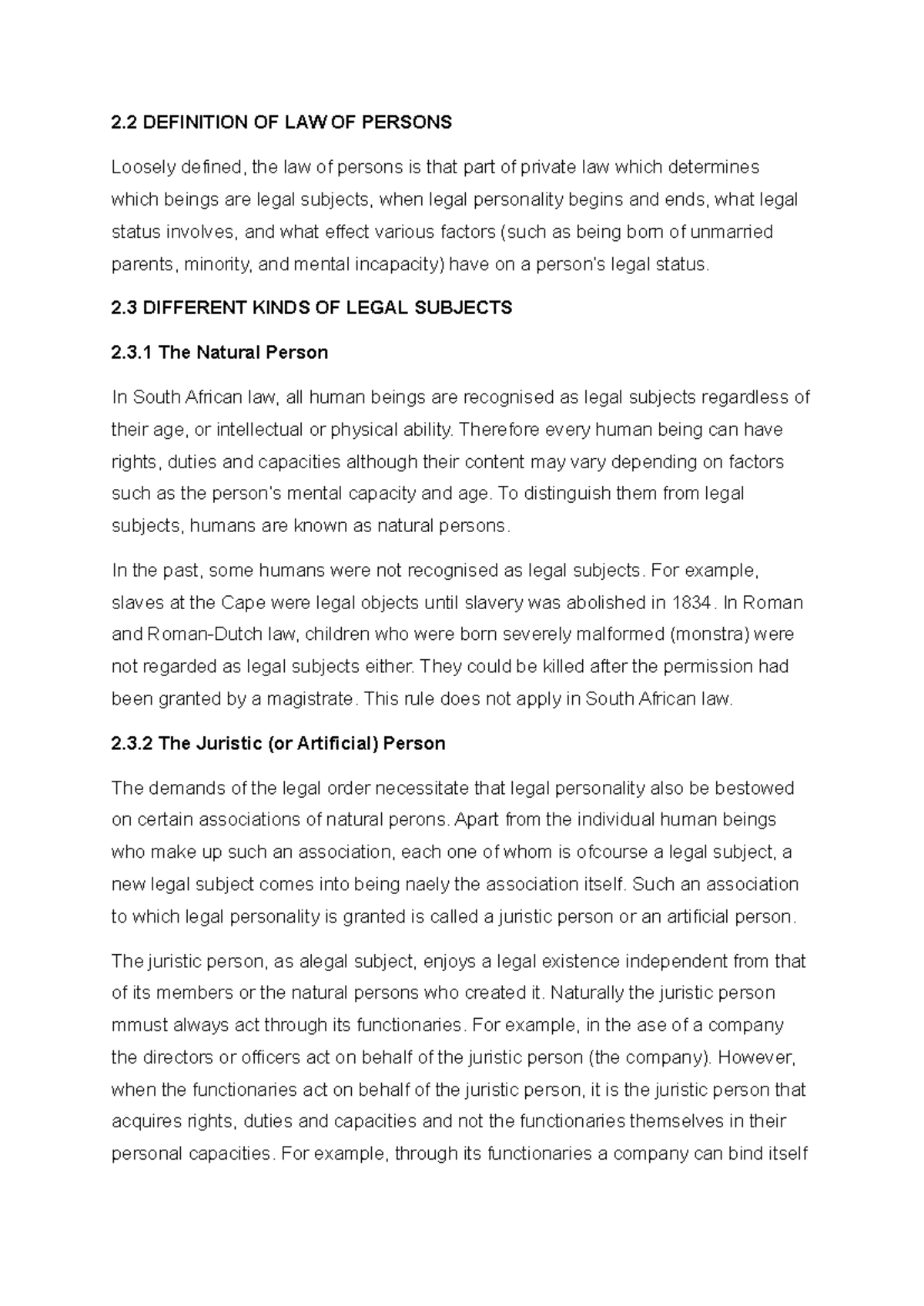 The South African Law of Persons (Notes) - 2 DEFINITION OF LAW OF ...