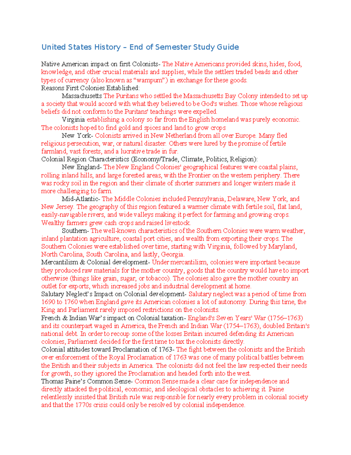 End of Semester Review Guide 123 - United States History – End of ...