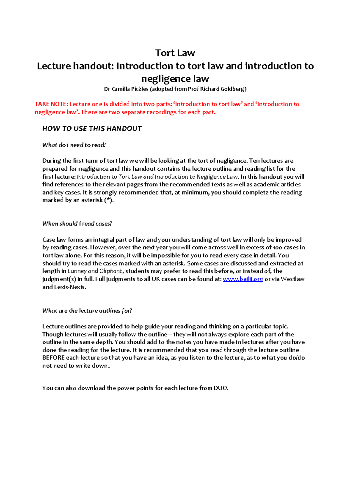 Tort Law Lecture 1 Handout - Tort Law Lecture handout: Introduction to ...