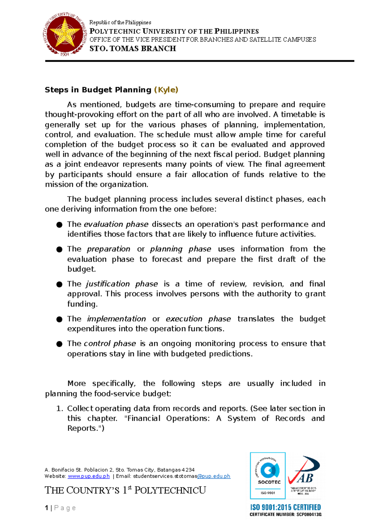 Steps in Budget Planning - POLYTECHNIC UNIVERSITY OF THE PHILIPPINES ...
