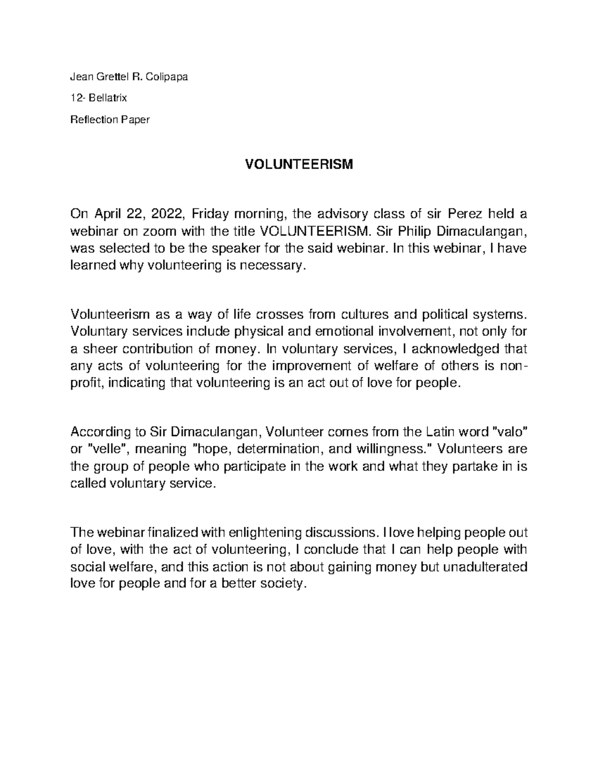 Volunteerism-reflection - Jean Grettel R. Colipapa 12- Bellatrix ...