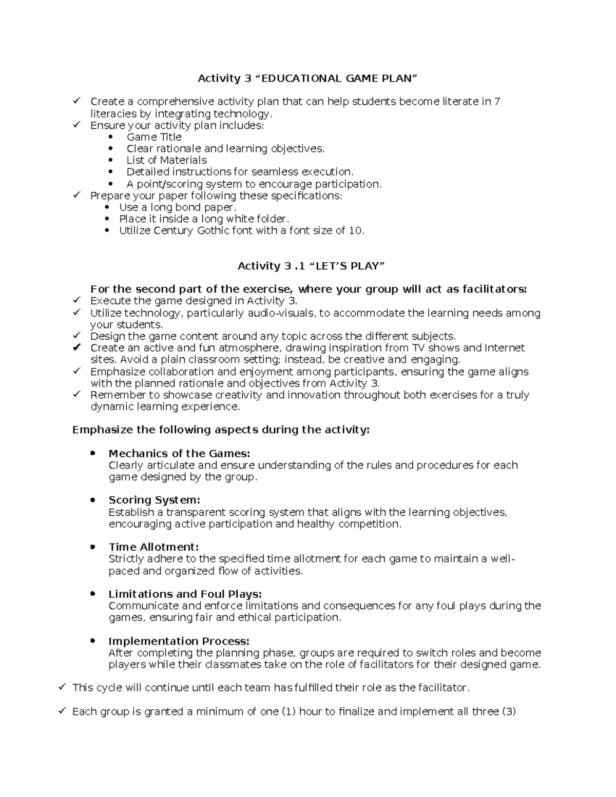 GAME-PLAN- Instruction - Activity 3 “EDUCATIONAL GAME PLAN” Create a ...