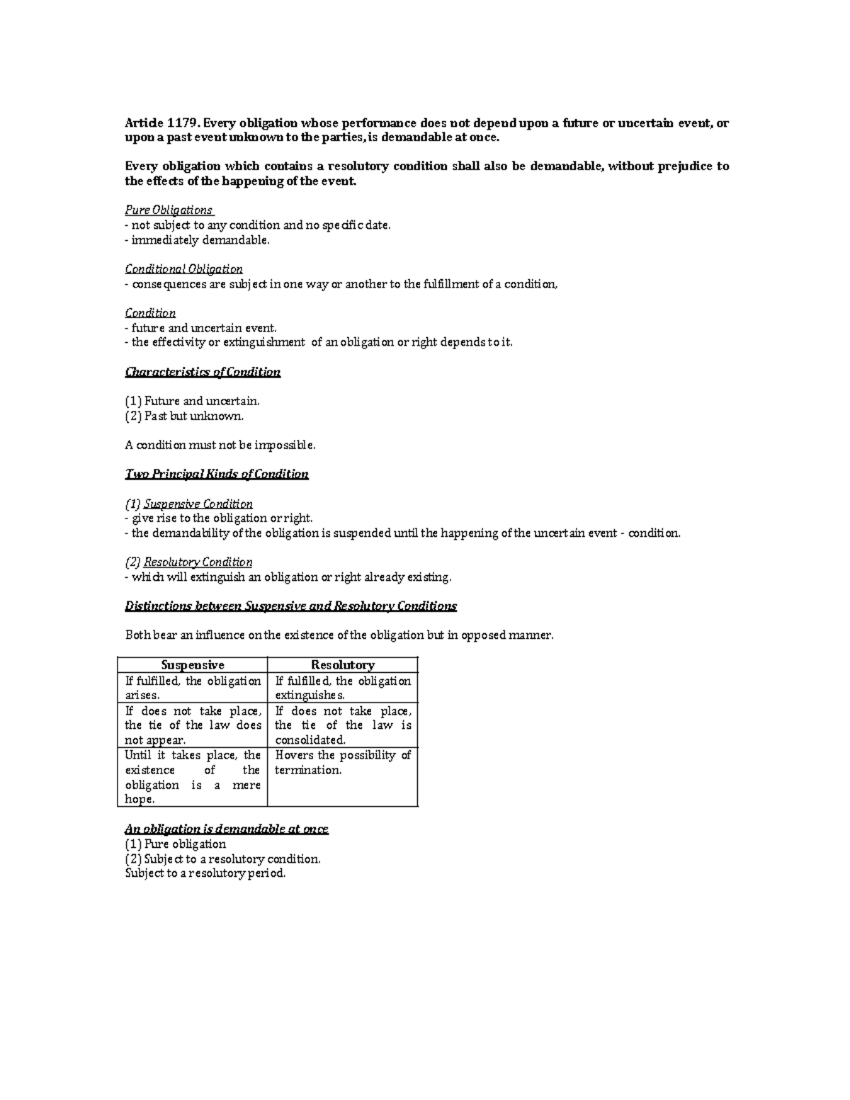 Article 1179 - Lecture notes 1 - Article 1179. Every obligation whose ...