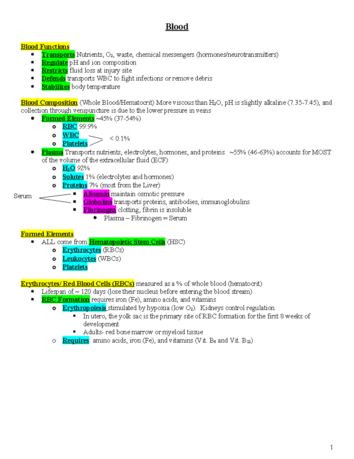 Unit 2 Notes - Unit 2 Blood - Blood Blood Functions Transports ...