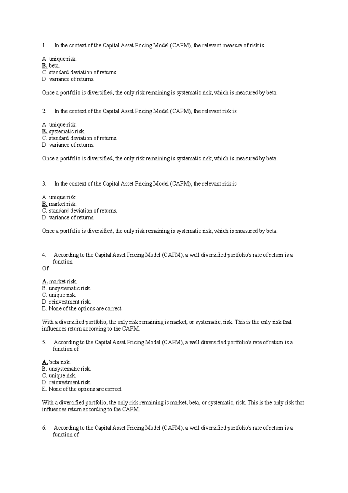Exam questions and answers CAPM - In the context of the Capital Asset Pricing Model (CAPM), the ...