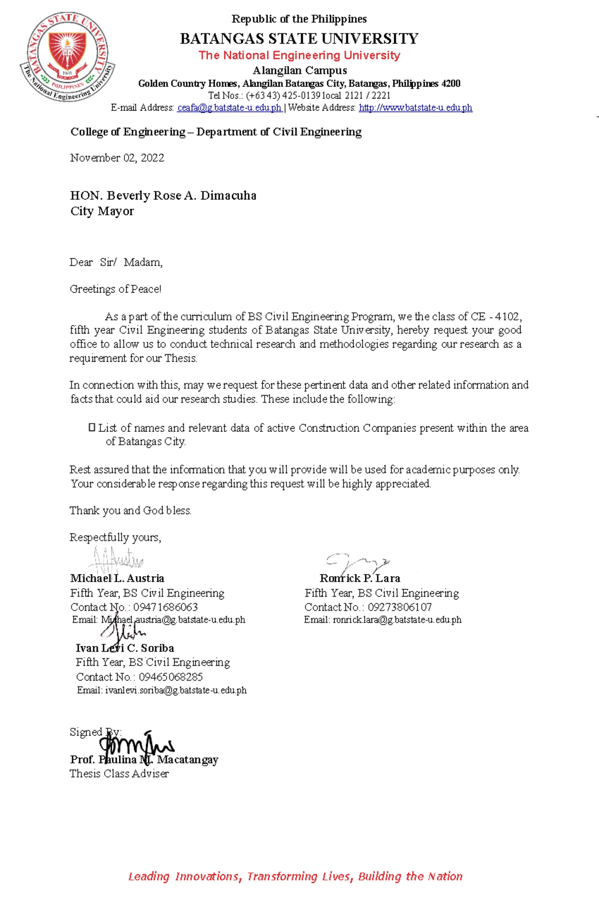 Mayor Request - Republic of the Philippines BATANGAS STATE UNIVERSITY ...
