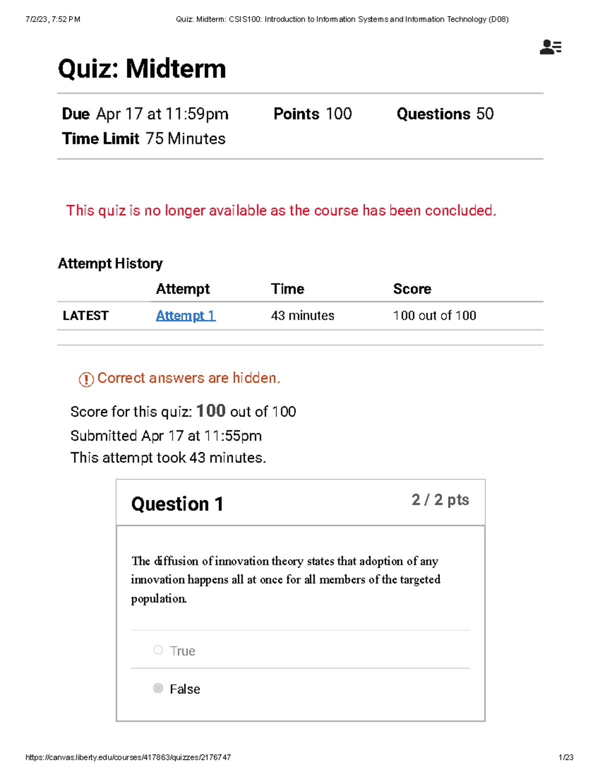 Quiz Midterm CSIS100 Introduction to Information Systems and ...