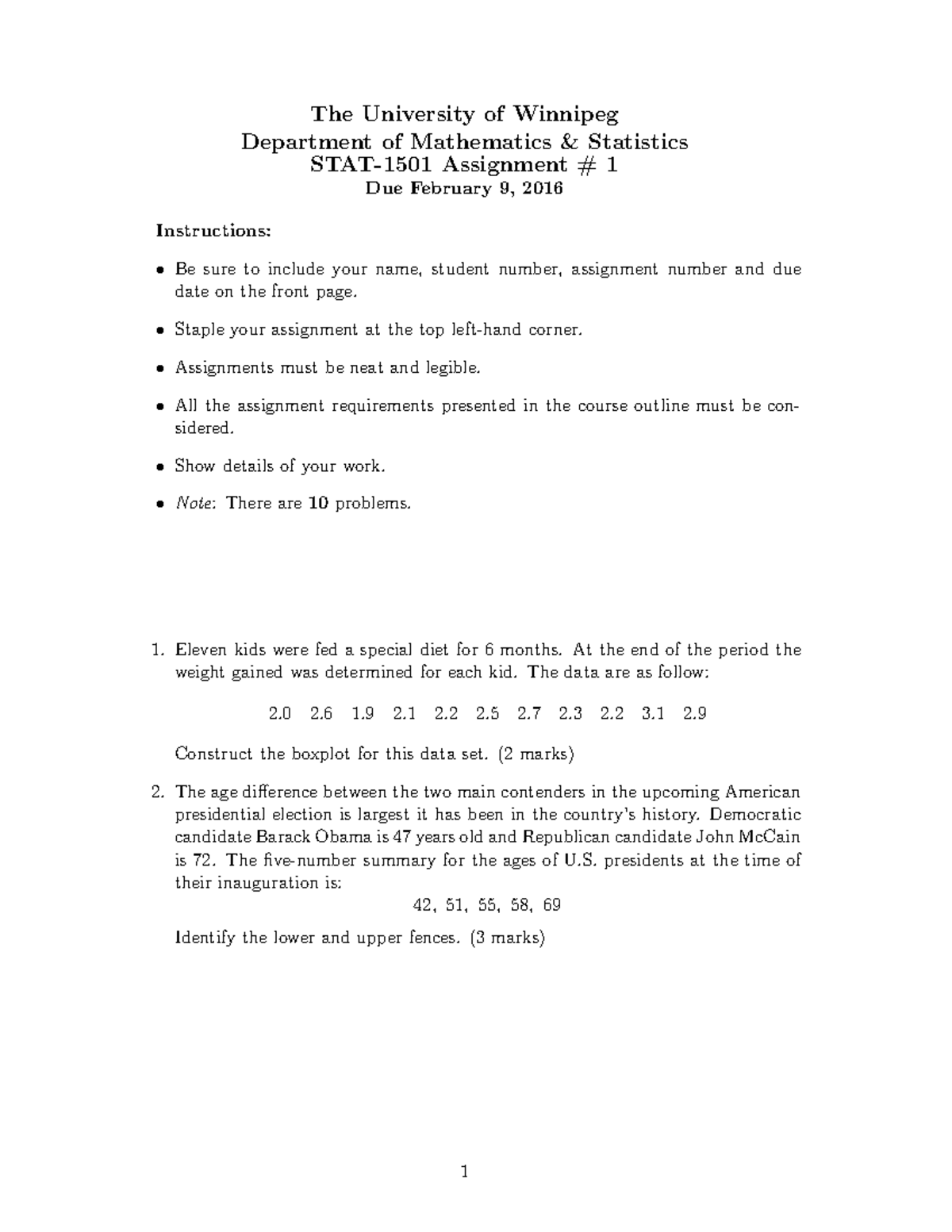 STAT 1501 Assignment 1 Winter 2016 - The University of Winnipeg ...