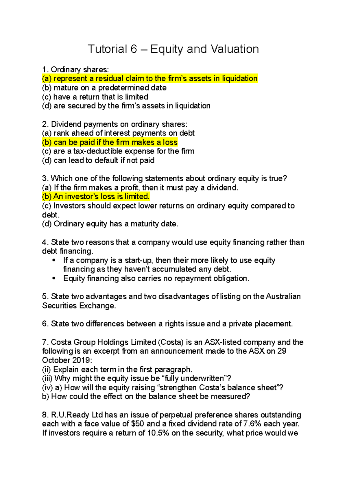 Fundementals for Business Finance Tutorial 6 - Tutorial 6 – Equity and ...