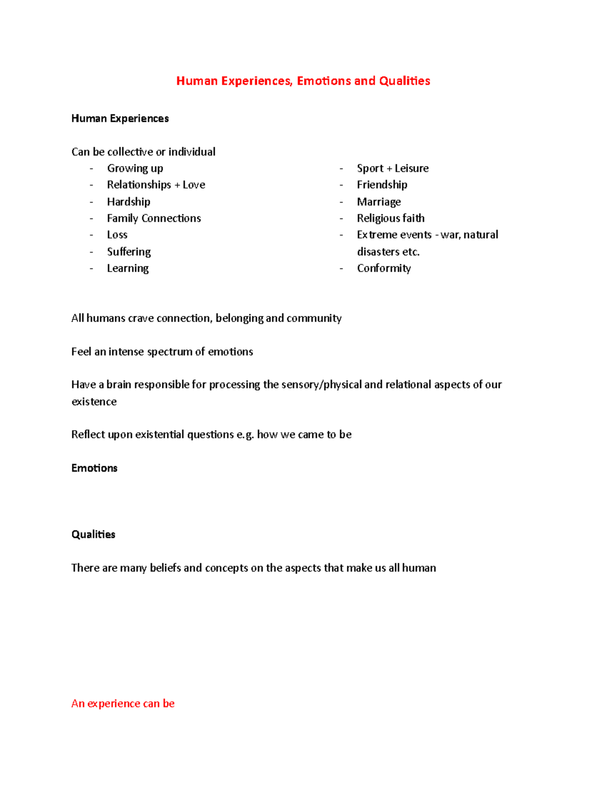 Human Experiences Notes - Human Experiences, Emotions and Qualities ...
