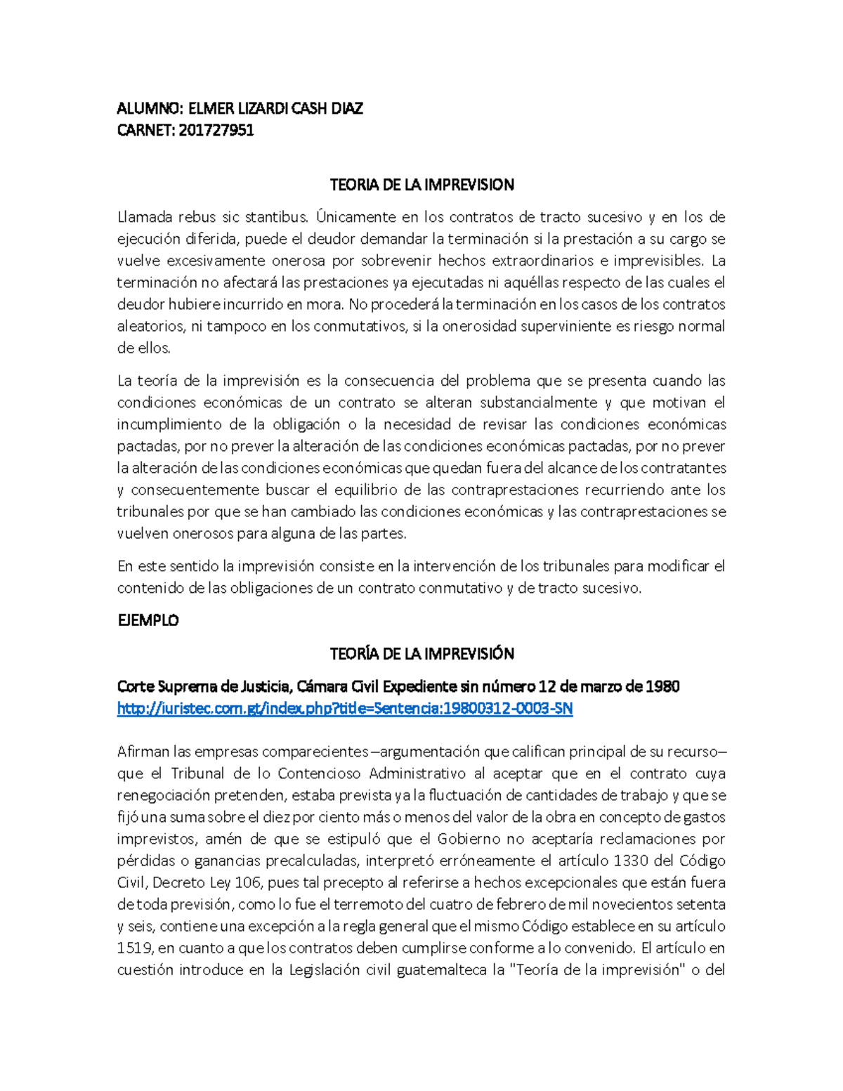 Teoria de la imprevision - ALUMNO: ELMER LIZARDI CASH DIAZ CARNET ...