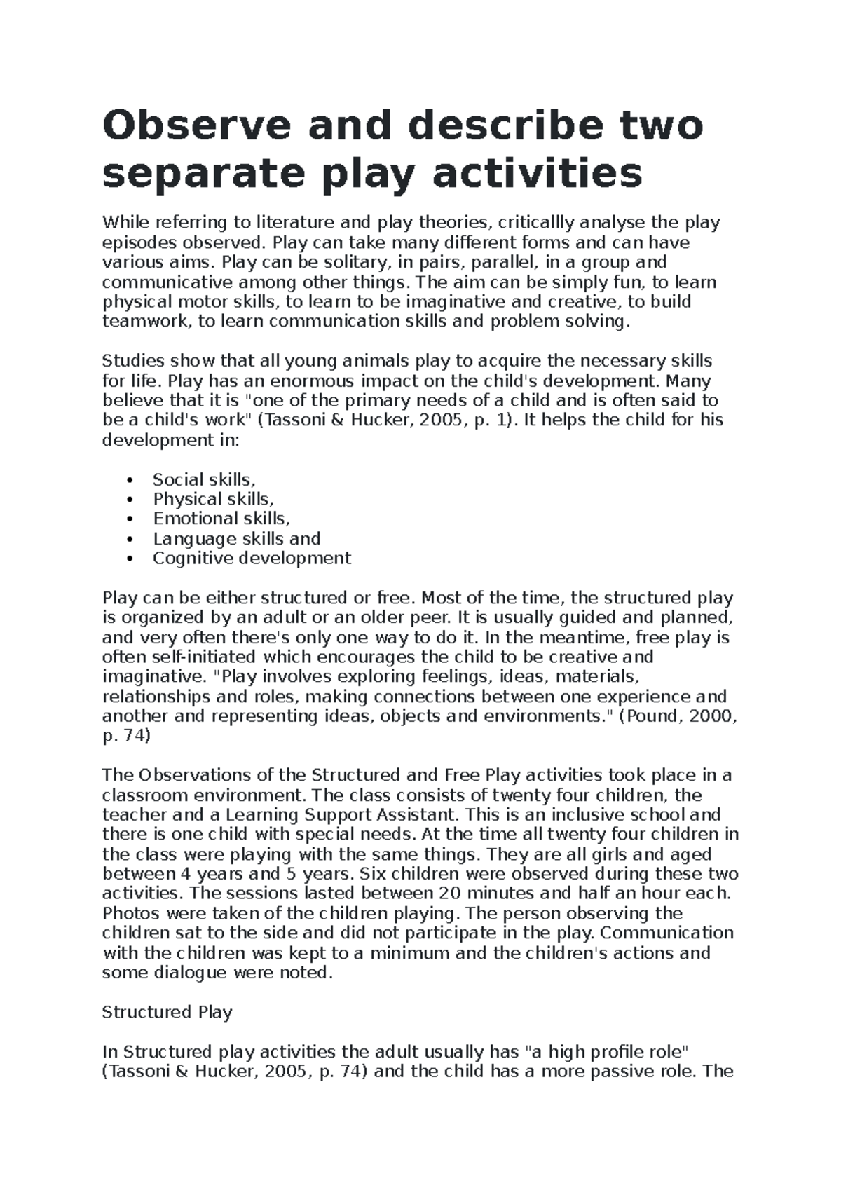 Observe and describe two separate play activities - Observe and ...