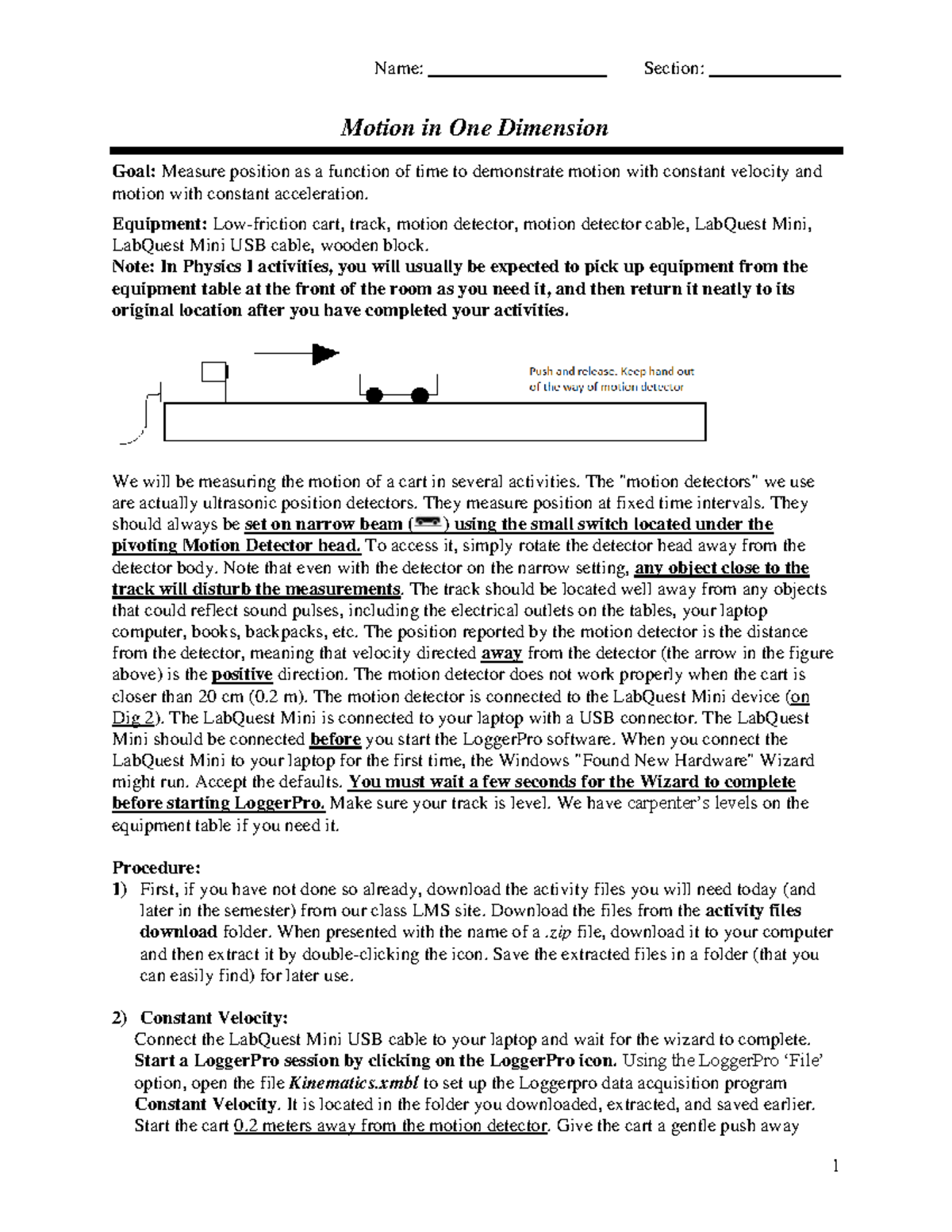 Activity 02-1D motion -2nd - Motion in One Dimension Goal: Measure ...