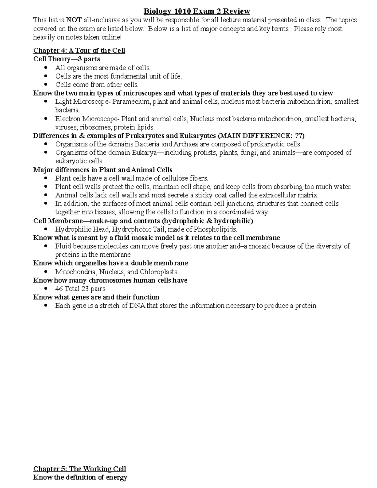 Bio 1010 Online Lecture review 2 - Biology 1010 Exam 2 Review This list ...