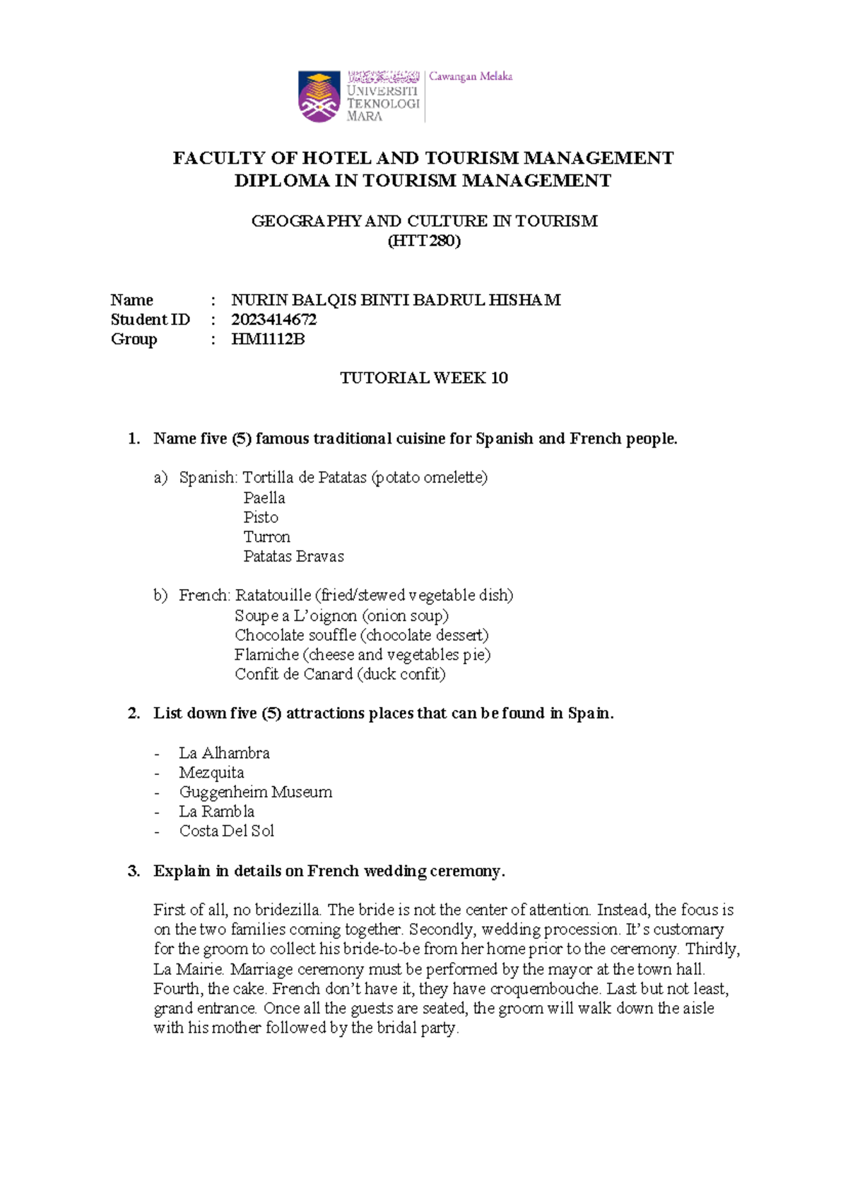 HTT280 WEEK 10 - Tutorial work for week 10 - FACULTY OF HOTEL AND ...