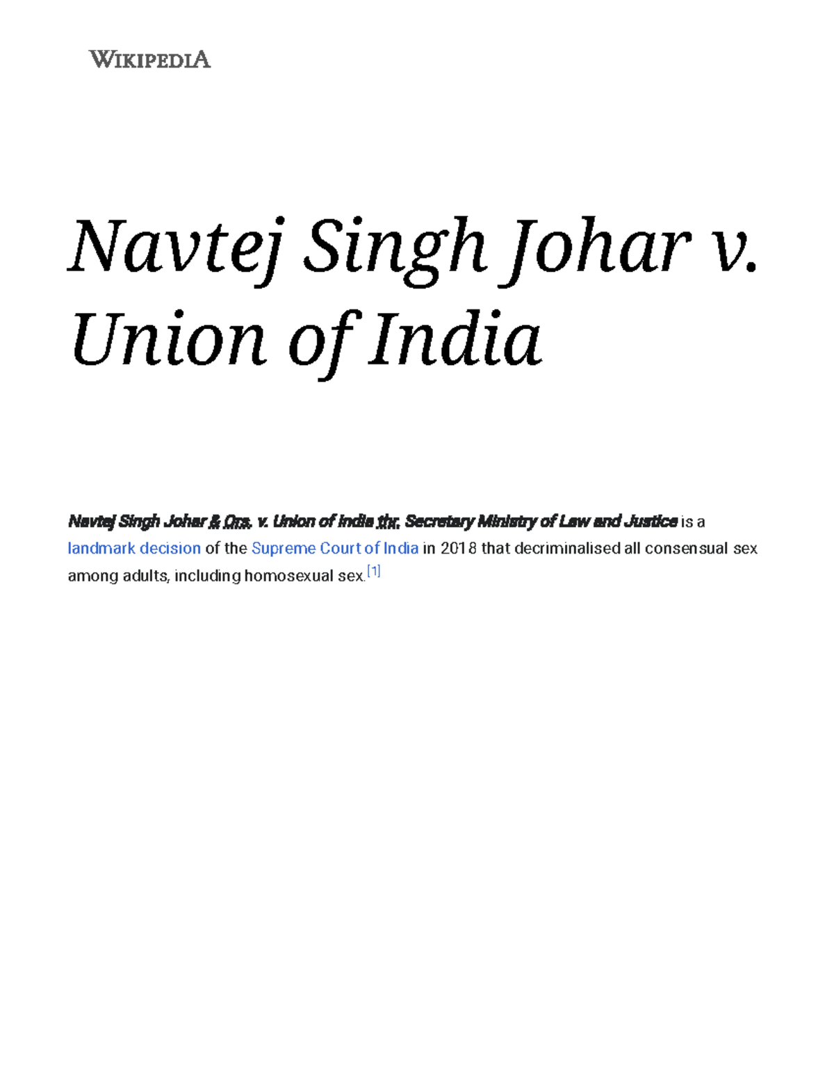 Navtej Singh Johar v. Union of India - Wikipedia - Navtej Singh Johar v ...