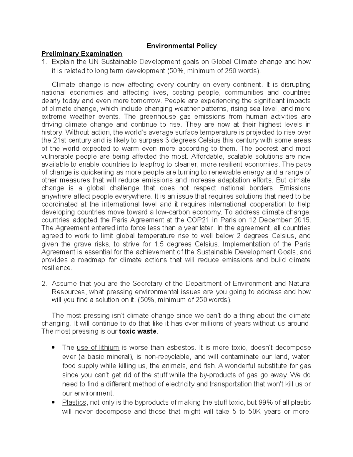 Preliminary Examination in Environmental Policy - Environmental Policy ...