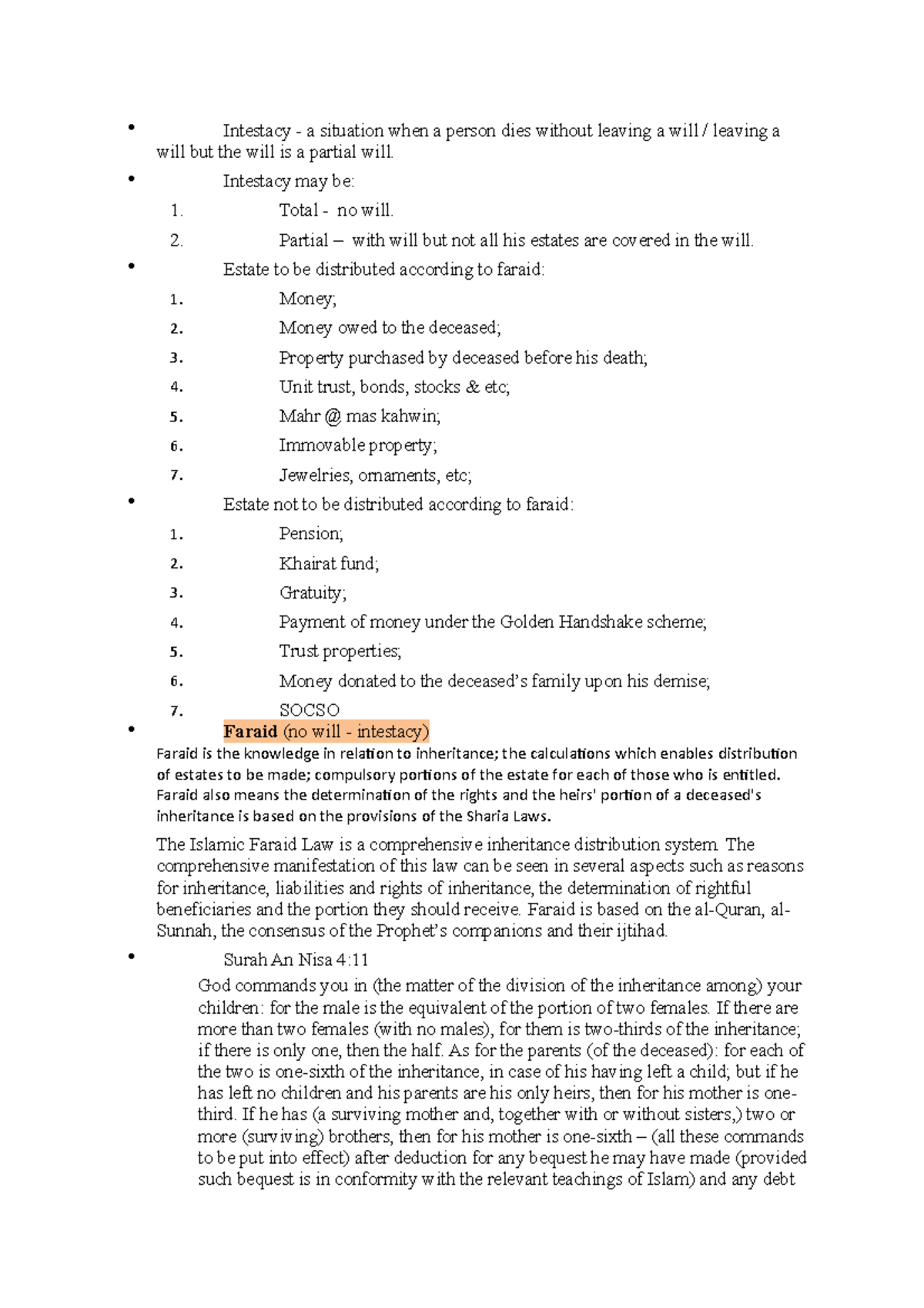 Inheritance notes for own revision - Intestacy - a situation when a ...