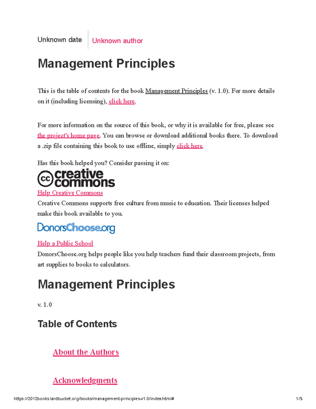 Management Principles - Table of Contents - This is the table of ...