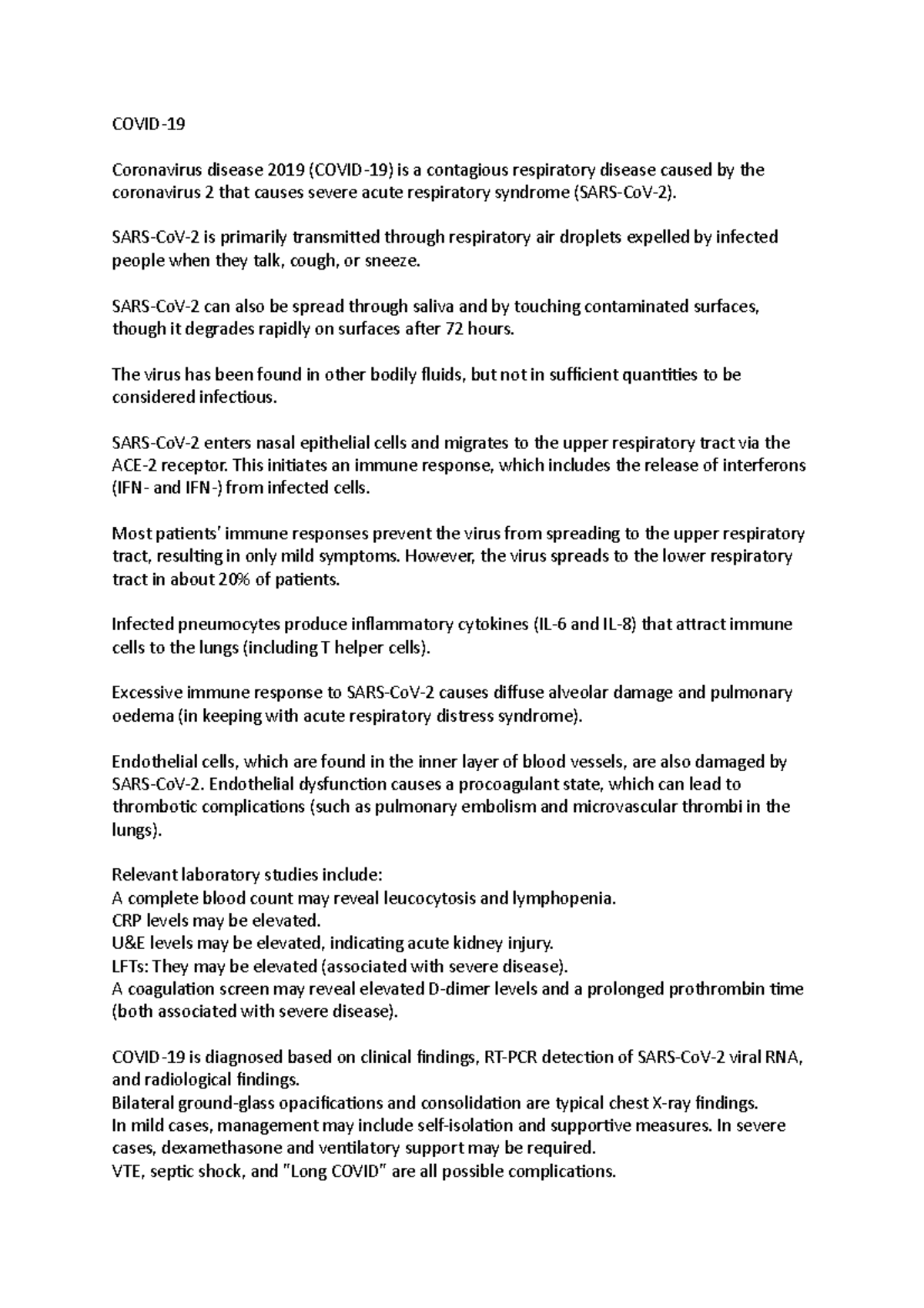 Covid - infectious diseases notes - COVID- Coronavirus disease 2019 ...