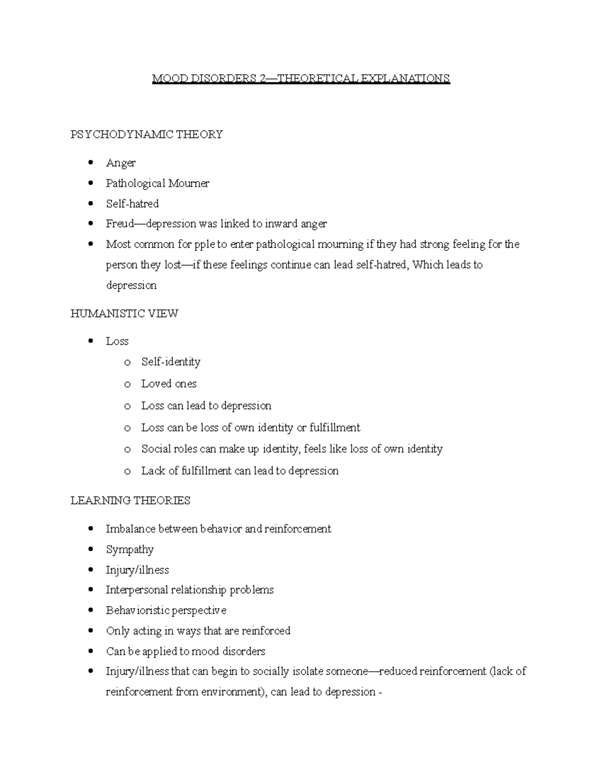 Lecture 12- Mood Disorders Lecture Notes - MOOD DISORDERS 2—THEORETICAL ...