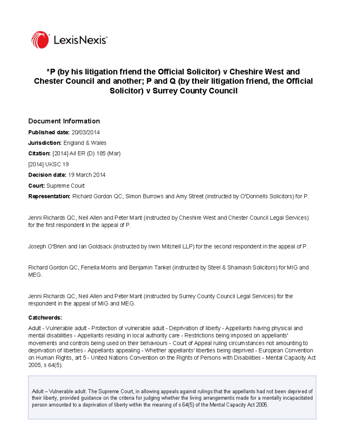 P (by his litigation friend the Official Solicitor) v Cheshire West and ...