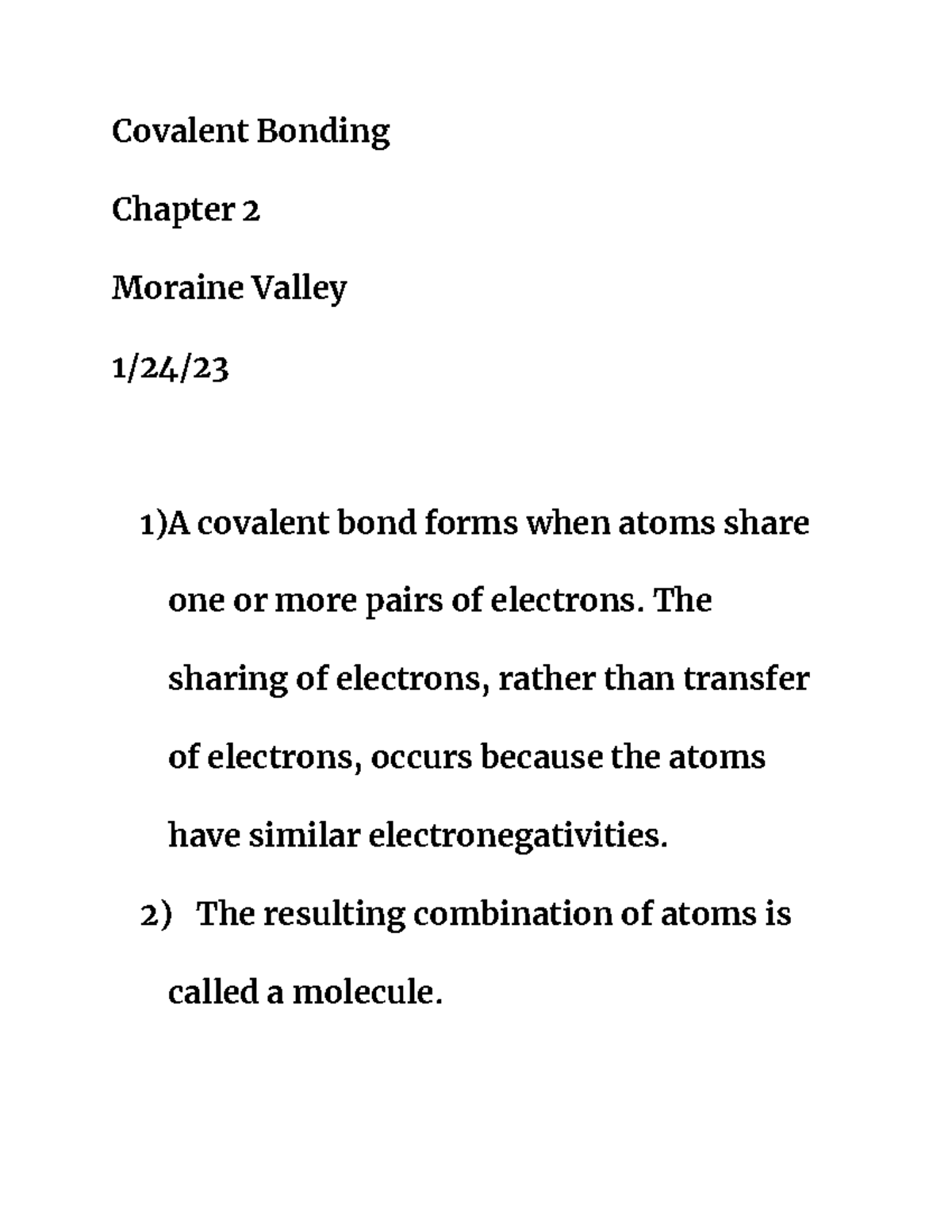 Covalent Bonding - Notes - Covalent Bonding Chapter 2 Moraine Valley 1 ...