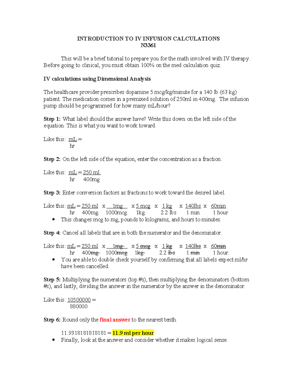 IV Calculation with Dimensional Analysis - INTRODUCTION TO IV INFUSION ...