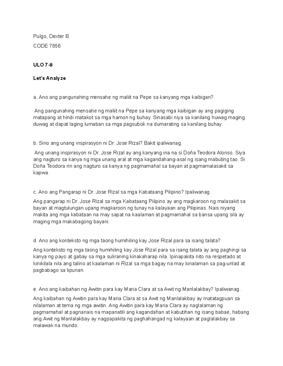 Pulgo, Dexter B. (3) - Pulgo, Dexter B. CODE 7856 ULO 7- Let’s Analyze ...