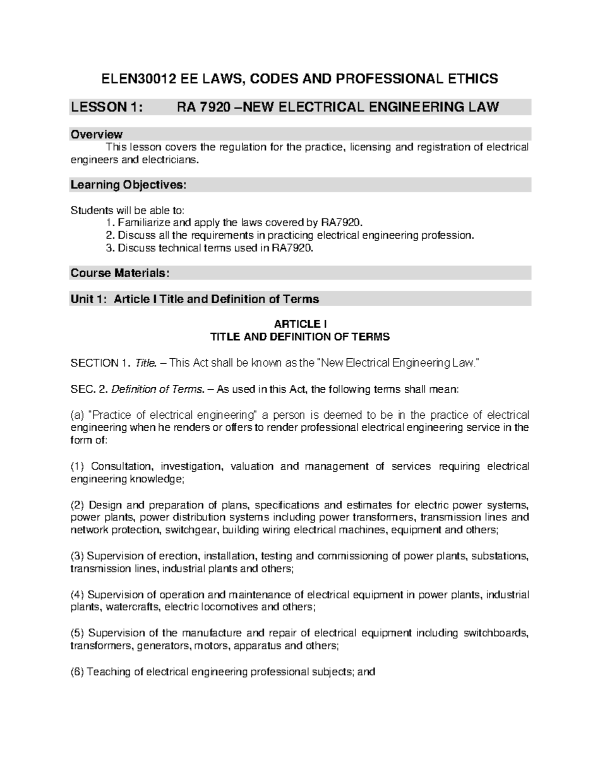 BSEE 3 EE Laws Codes and Professional Ethics Lesson 1 - ELEN30012 EE ...