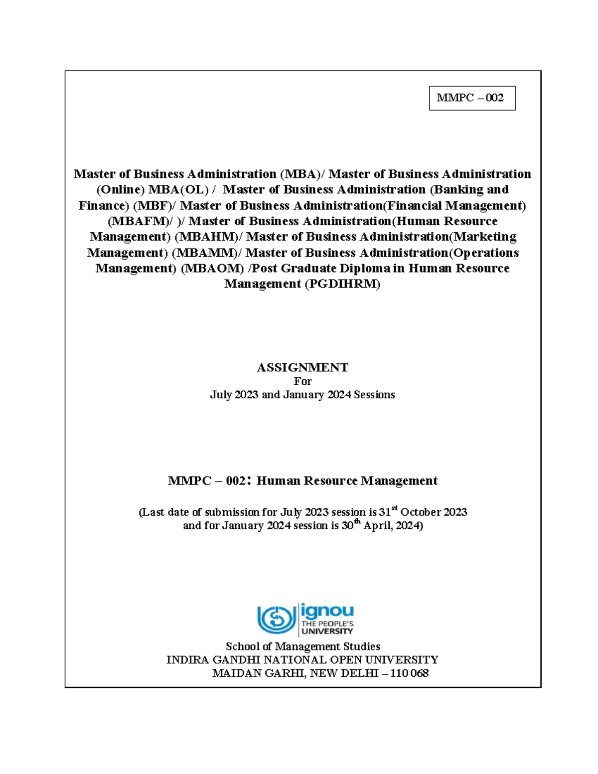 MMPC-002 - Attached - Master of Business Administration (MBA)/ Master of Business Administration ...