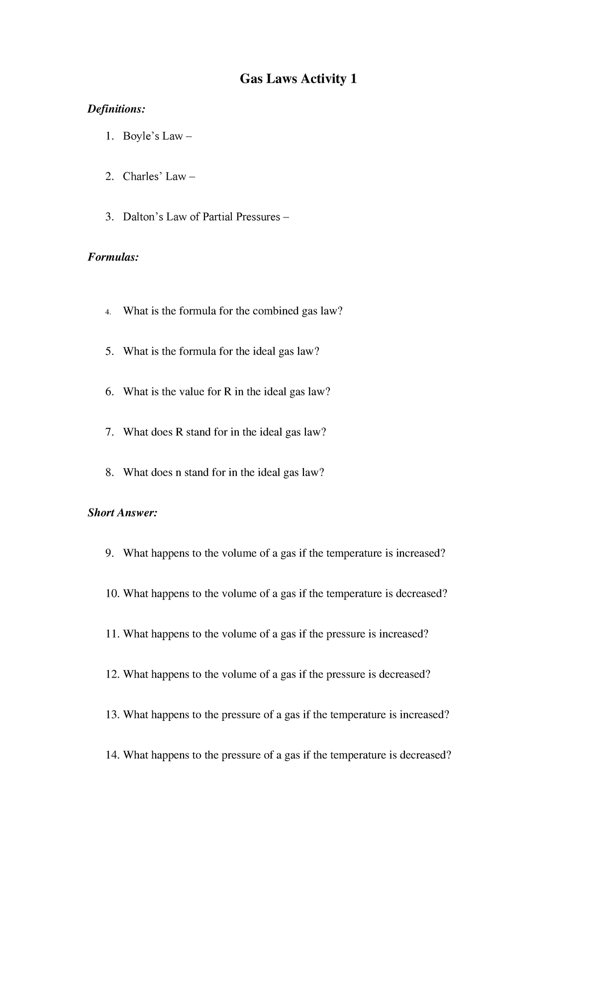 Activity 1 Gas Laws - Gas laws are fundamental principles for ...