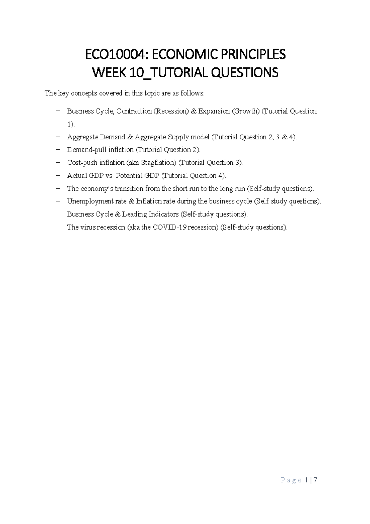 Week 10 Tutorial Questions - ECO 10004 : ECONOMIC PRINCIPLES WEEK 10 ...