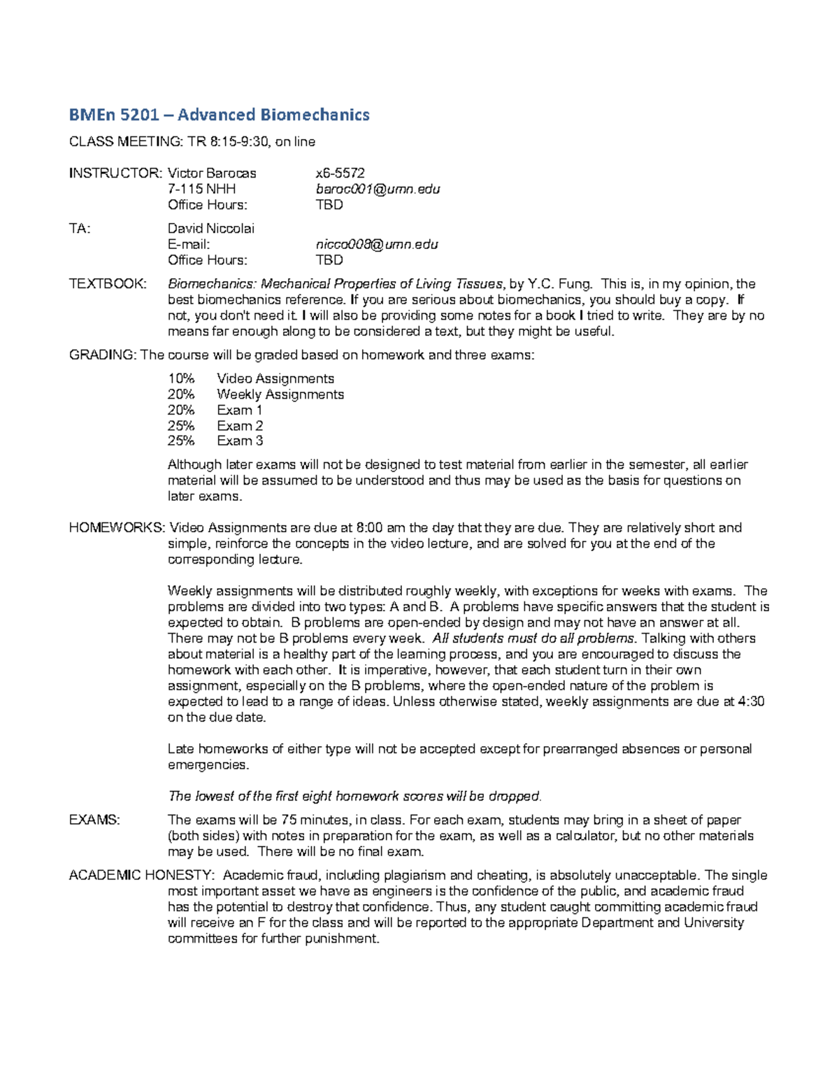 5201 - Course Info 2021 - BMEn 5201 – Advanced Biomechanics CLASS ...